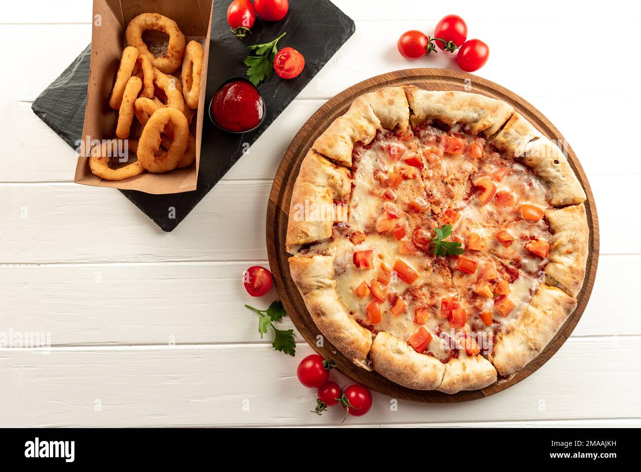 Set of pizza and snacks on a white background. Margarita pizza and ...