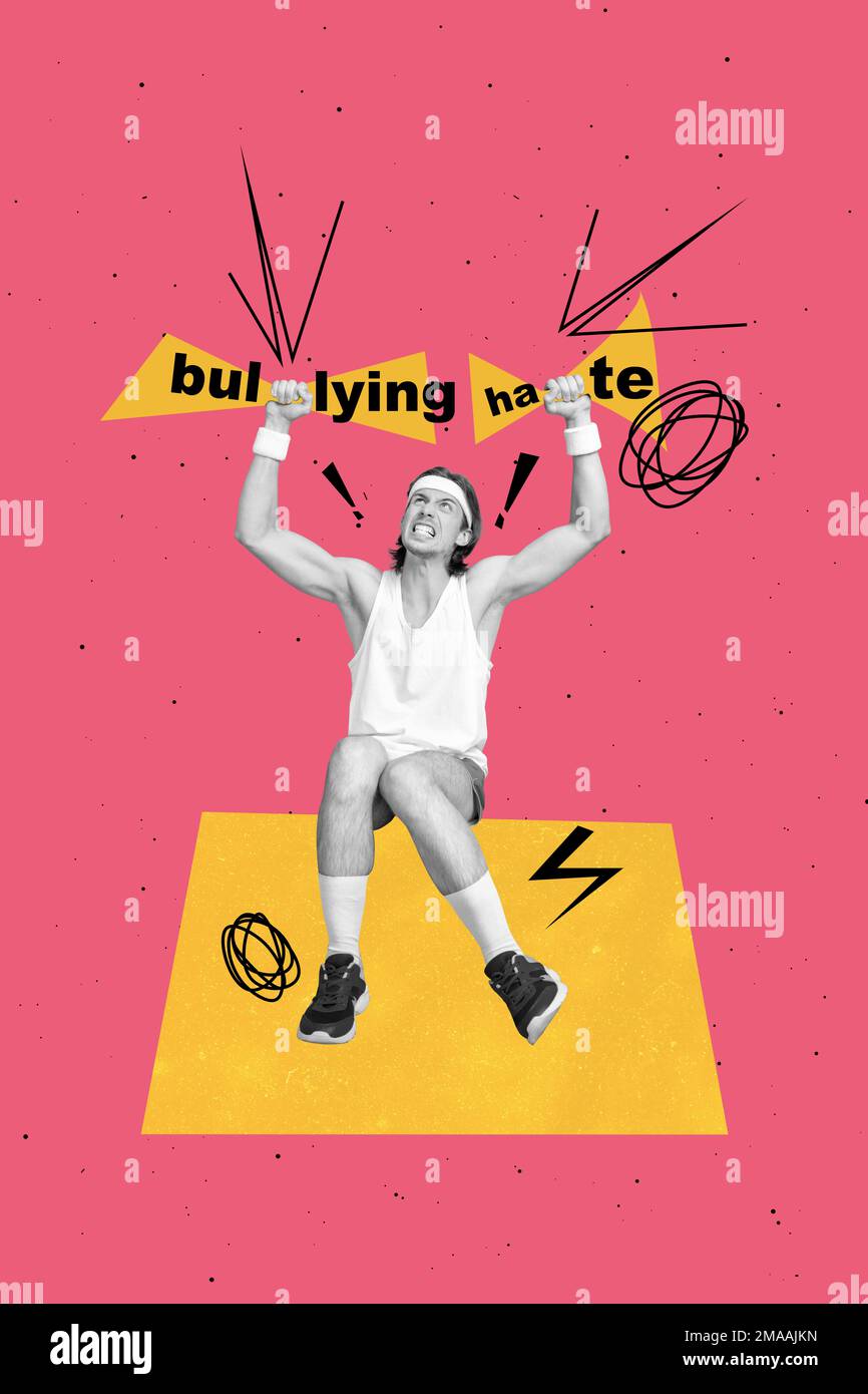 Creative colorful banner collage of strong sport guy doing power ...