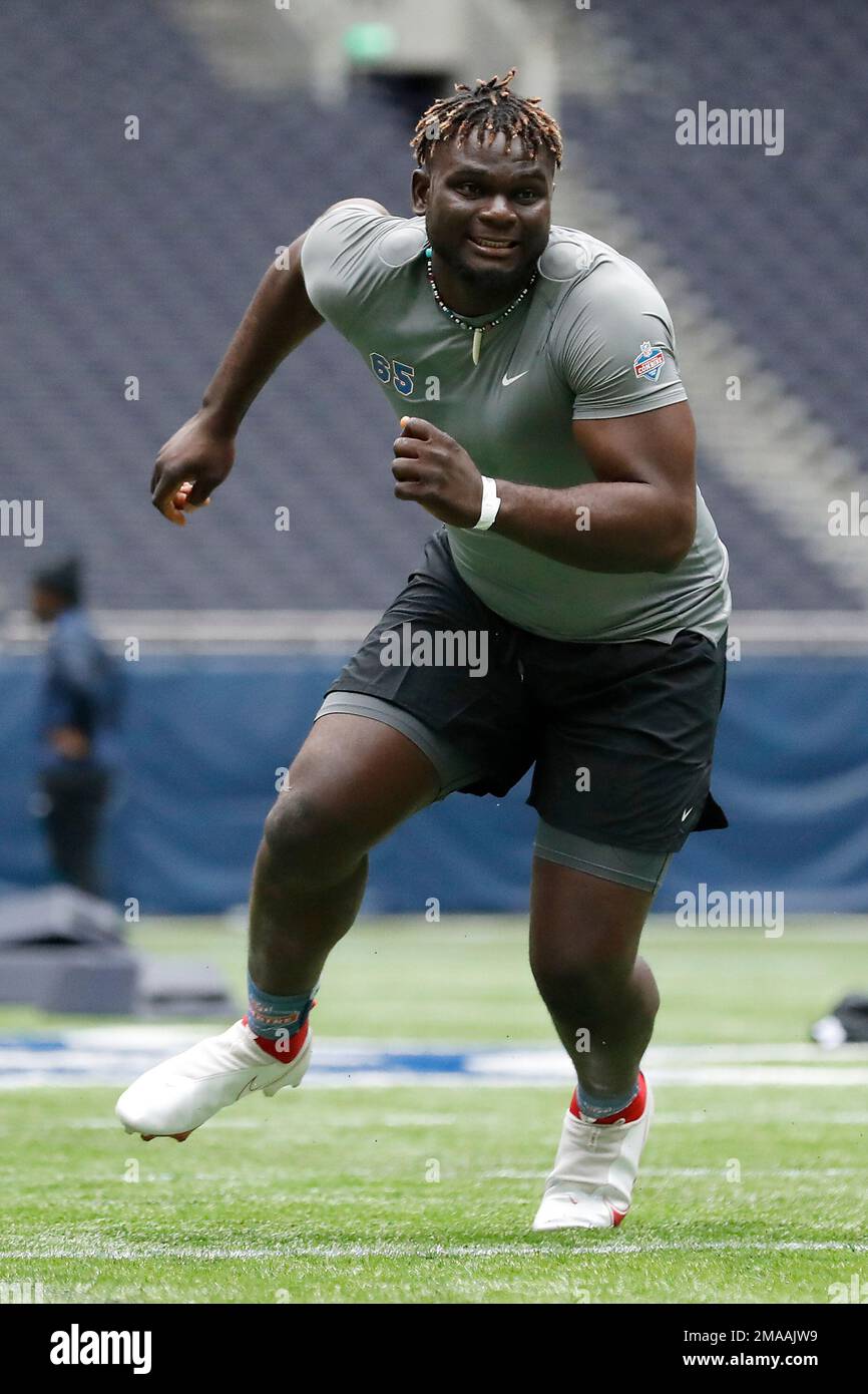 Offensive lineman Basil Chijioke Okoye, of Nigeria, participates in a ...