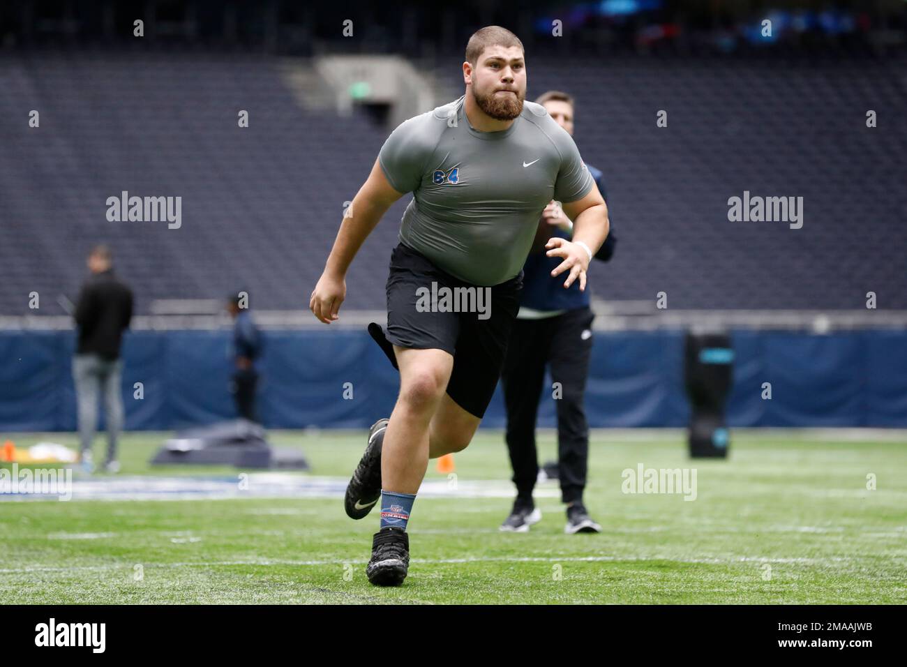 Offensive lineman Marlon Werthmann, of Germany, participates in a drill ...
