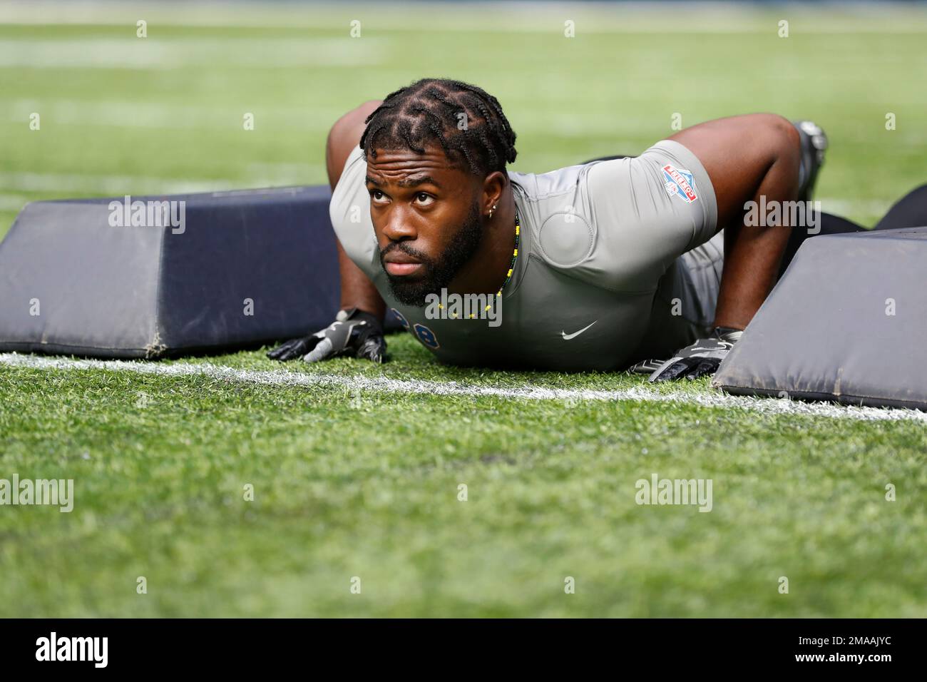 Linebacker Jai Jackson, of the United Kingdom, participates in a drill ...