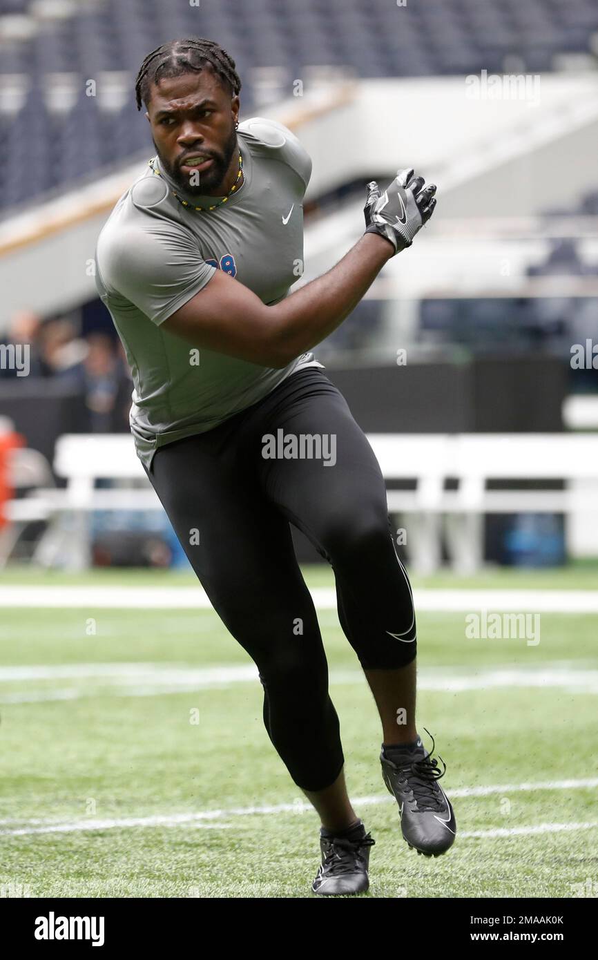 Linebacker Jai Jackson, of the United Kingdom, participates in a drill ...