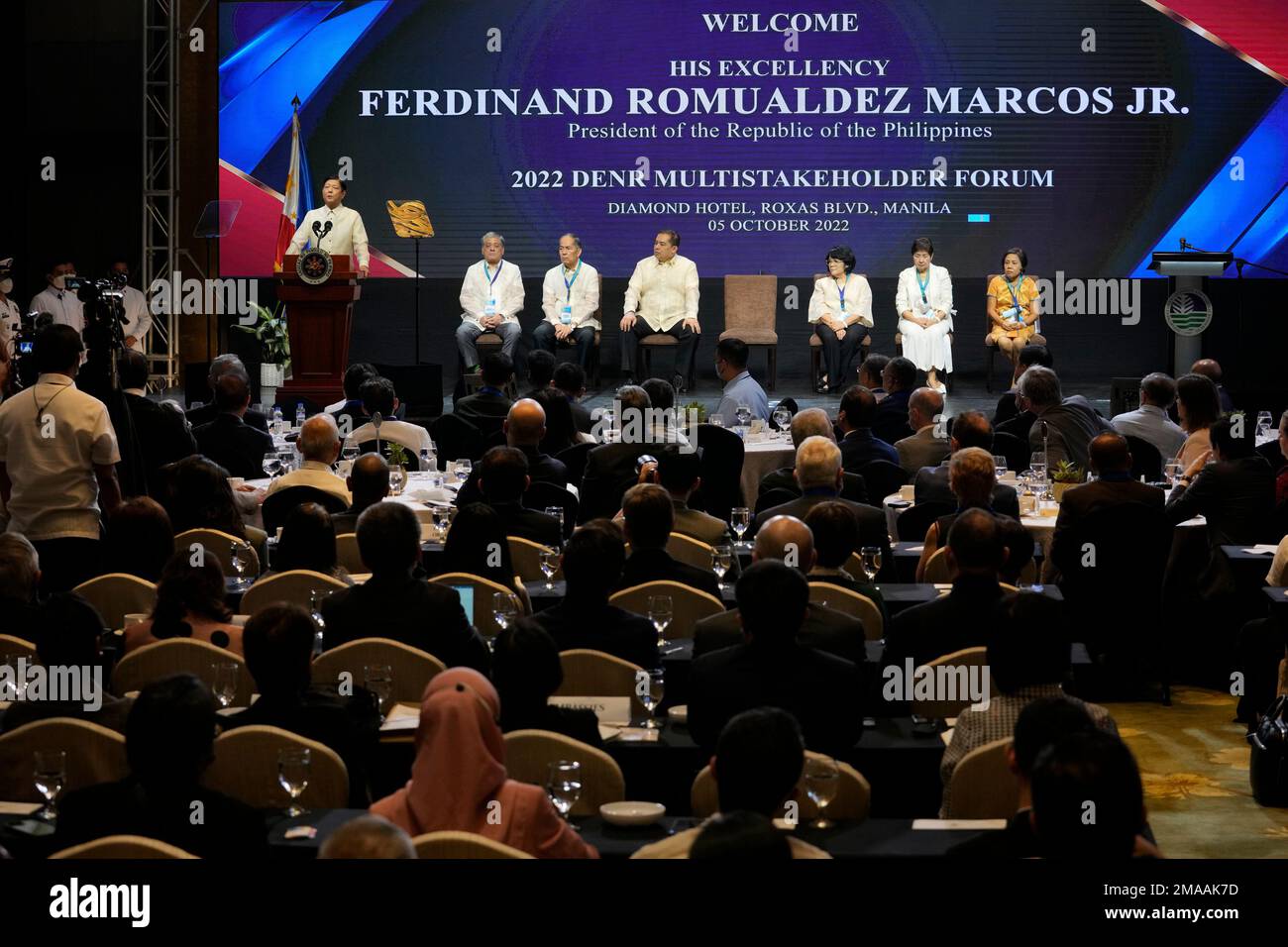 Philippine President Ferdinand Marcos Jr., left on stage, speaks at the ...