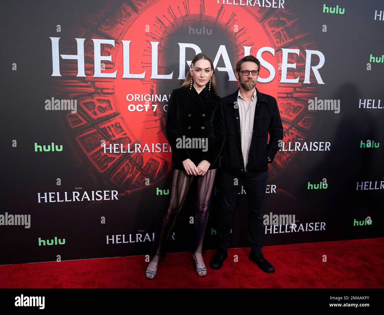 Jamie Clayton, left, and director David Bruckner pose together at a ...