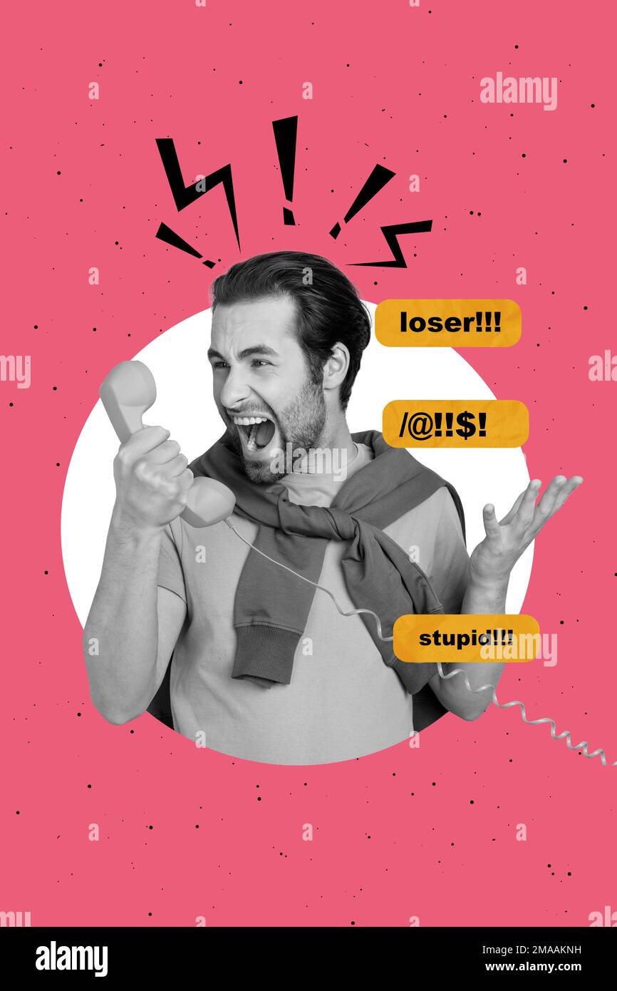 Picture magazine poster collage of angry furious man answer landline ...