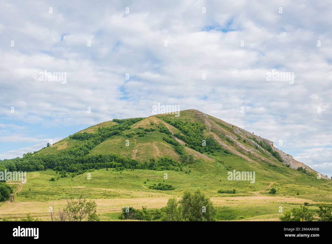 Green valley with pasture, relic mountain Shihan, blue cloudy sky in ...