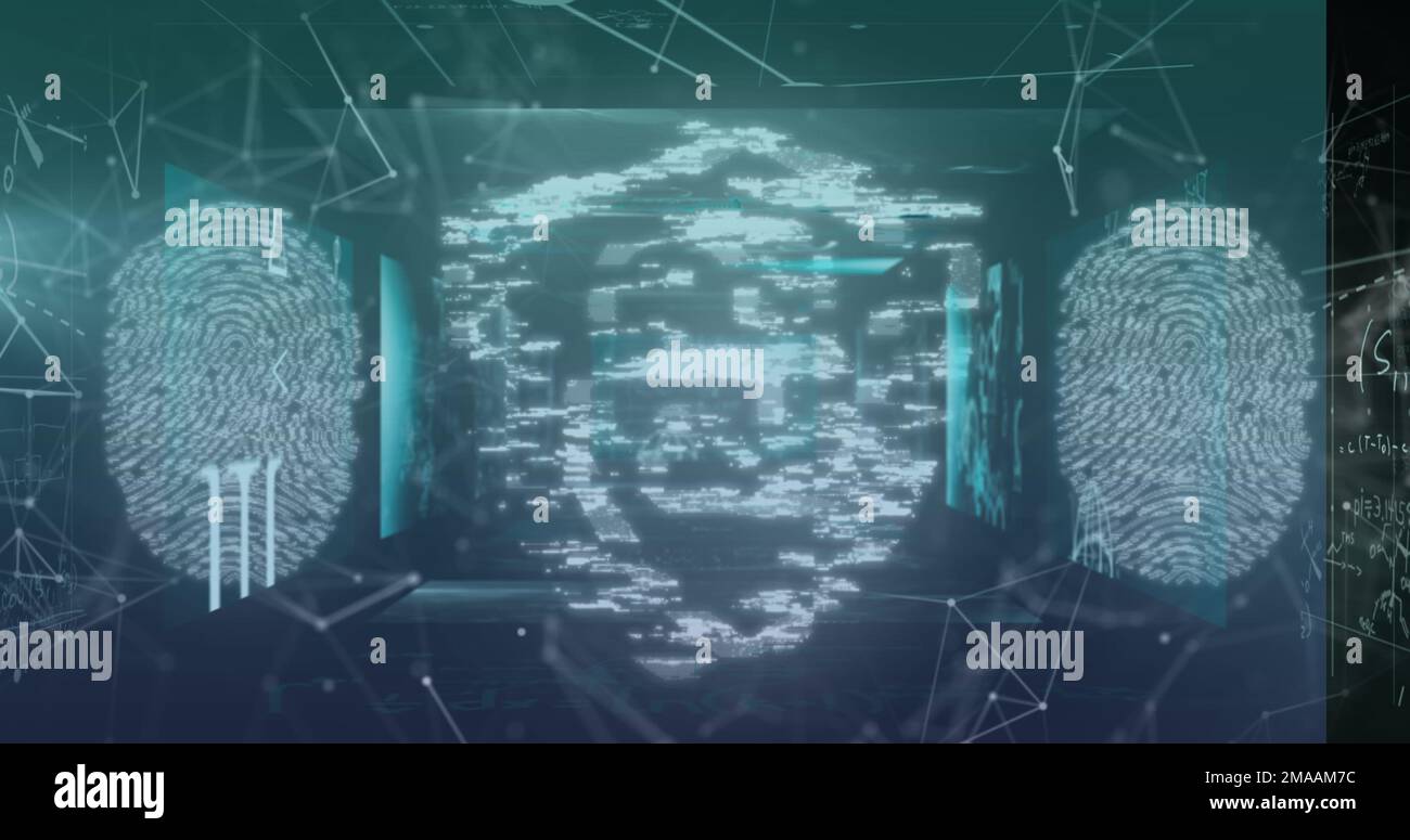 Image of digital shield with padlock and fingerprints over connections ...