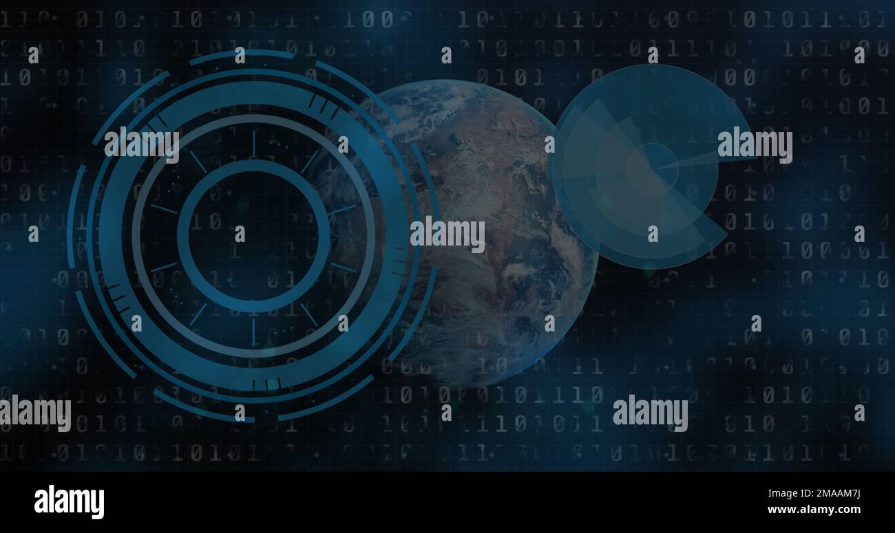 Image of tech icons, graph, globe and binary code on dark background ...