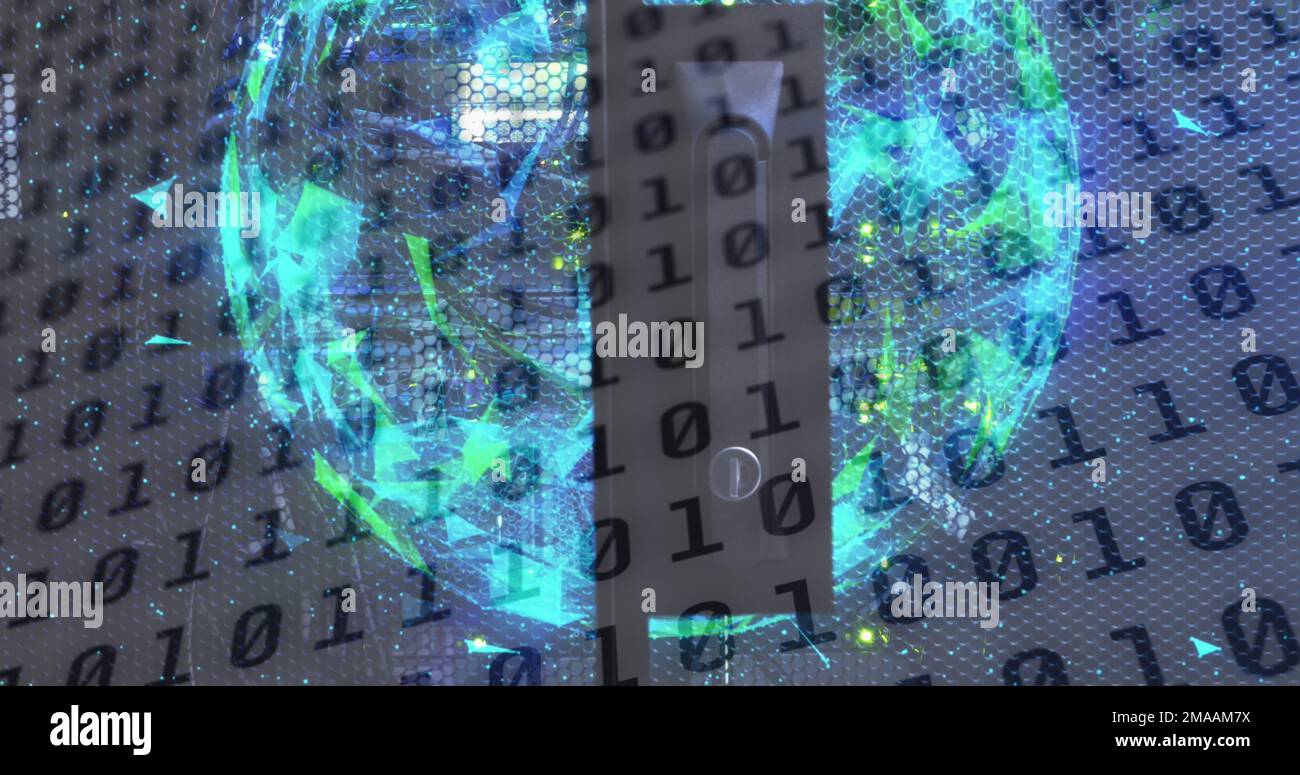 Image of binary code and globe over servers Stock Photo - Alamy