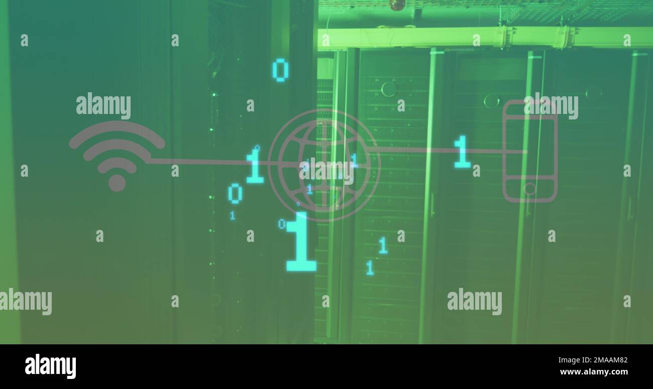 Image of binary code, tech icons and servers Stock Photo - Alamy