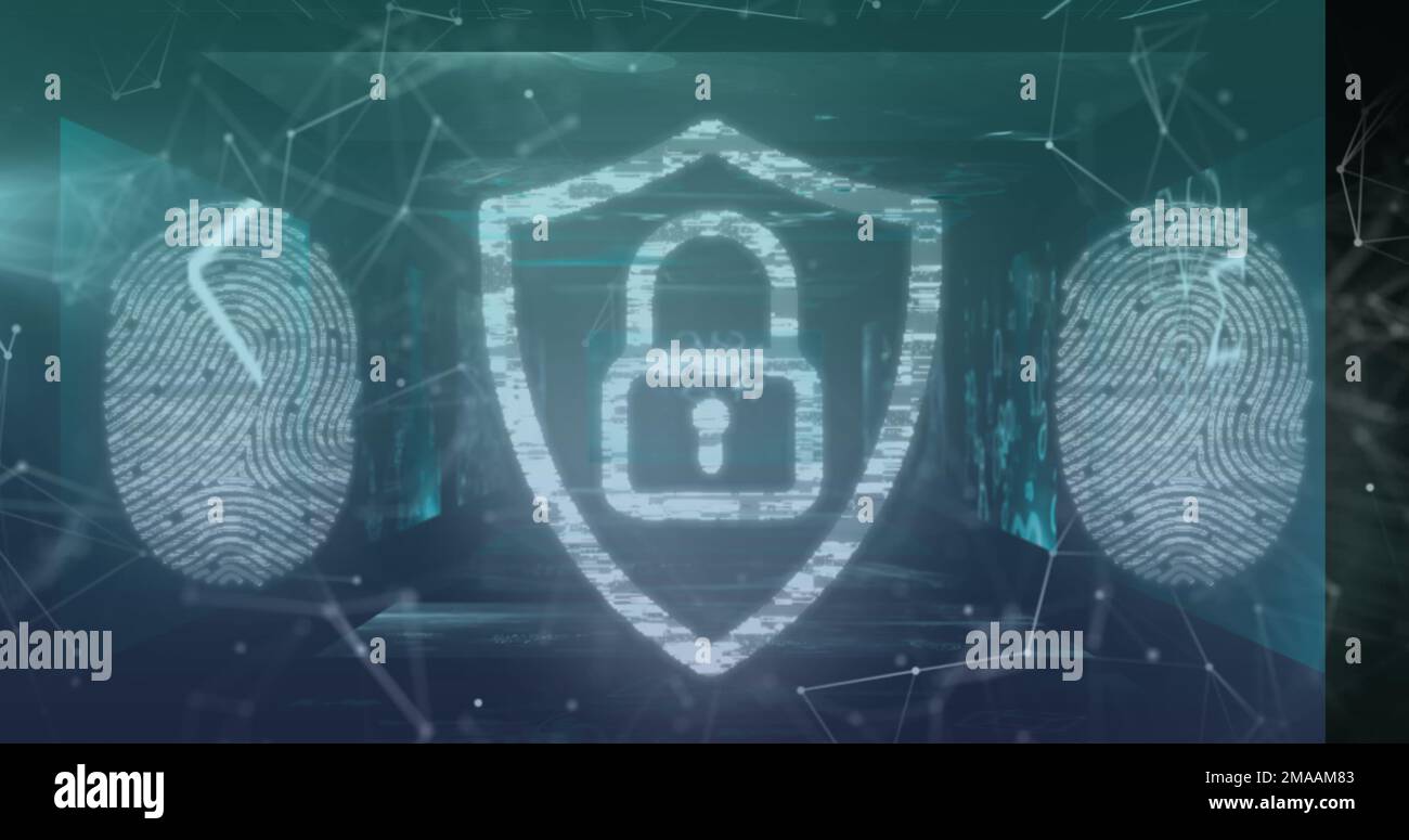 Image of digital shield with padlock and fingerprints over connections and binary code Stock ...