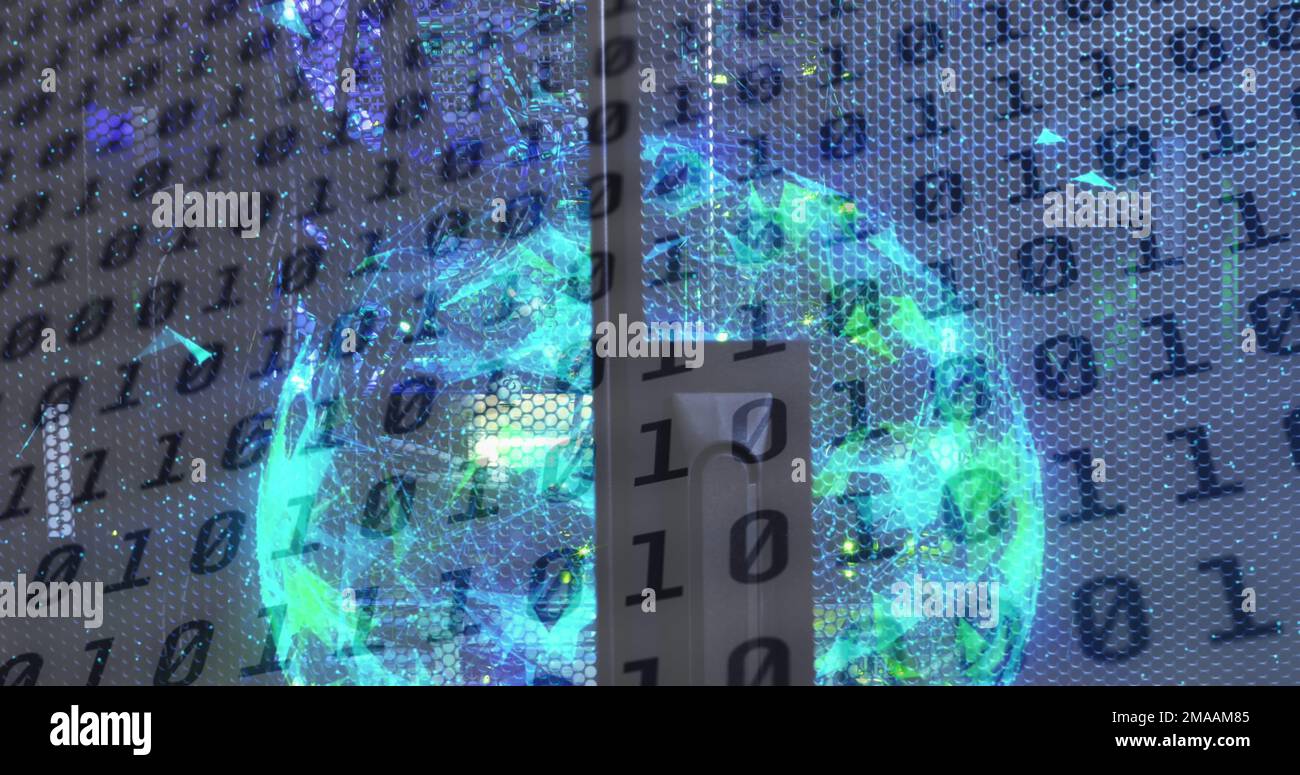 Image of binary code and globe over servers Stock Photo - Alamy