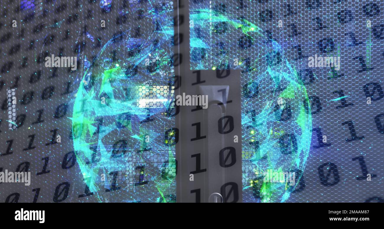 Image of binary code and globe over servers Stock Photo - Alamy
