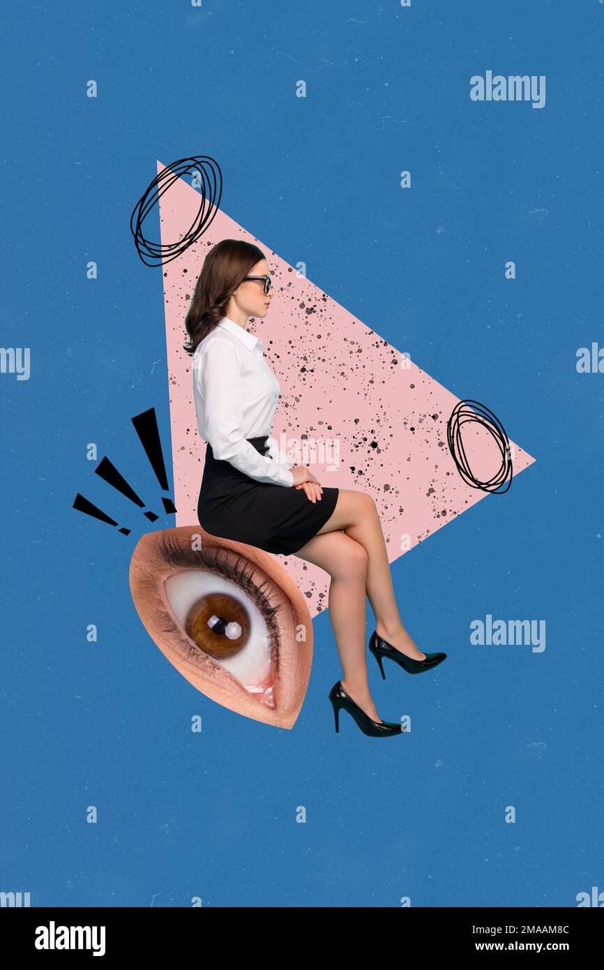 Surreal strange magazine collage of business lady sit eyeball wait job ...