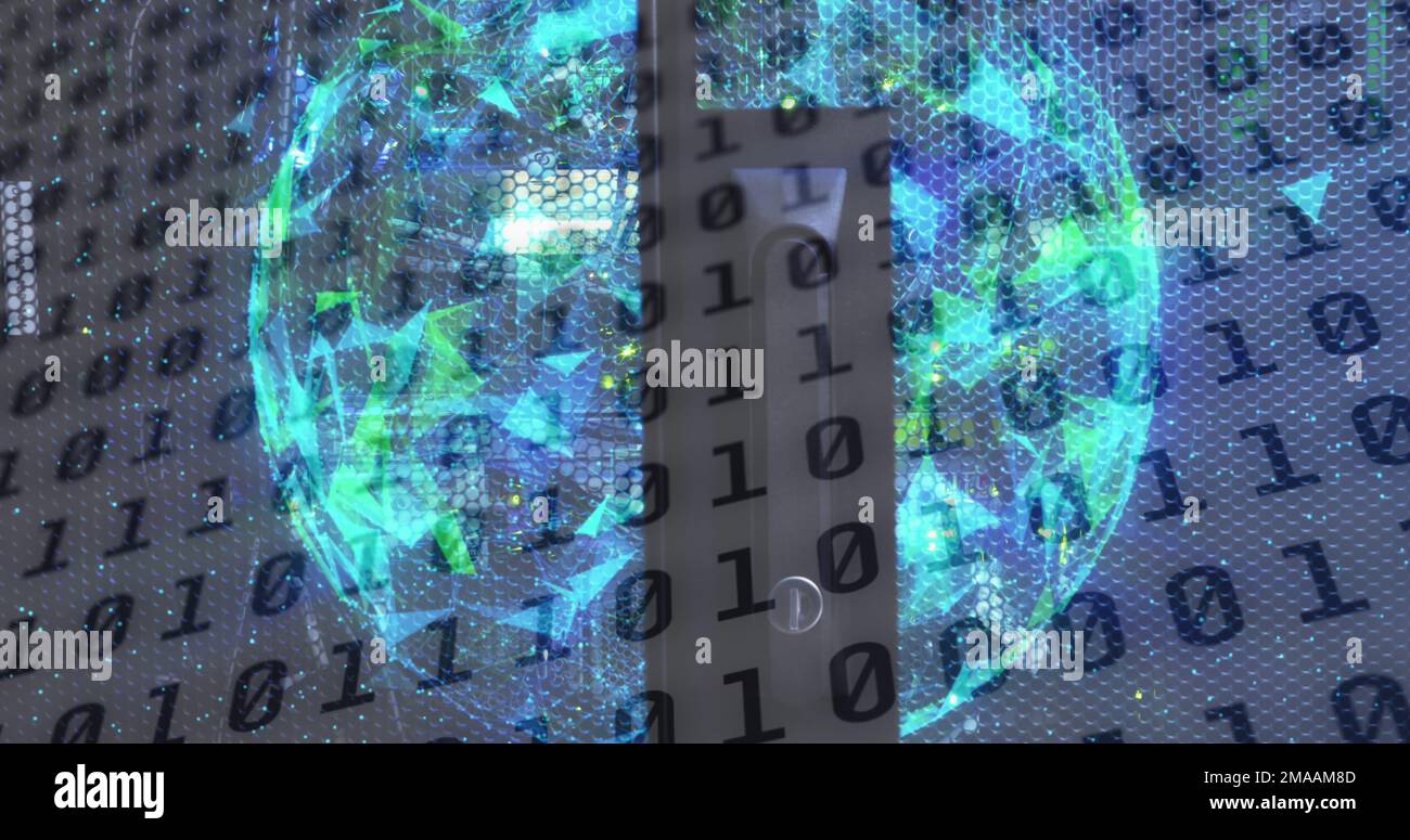 Image of binary code and globe over servers Stock Photo - Alamy