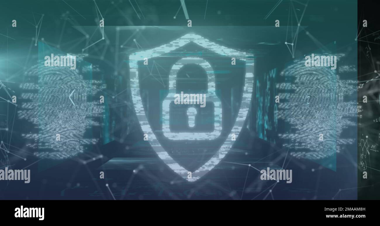 Image of digital shield with padlock and fingerprints over connections ...
