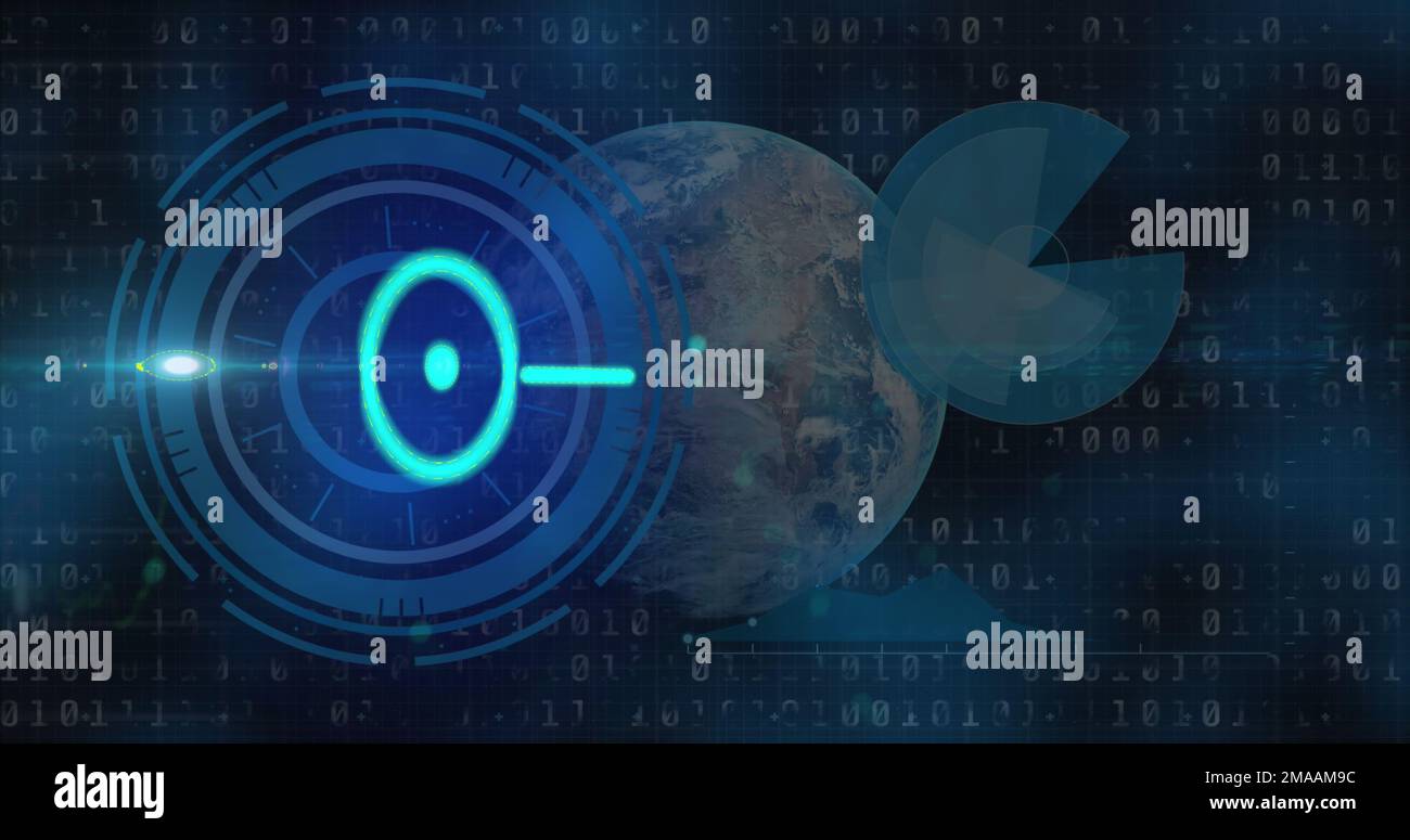 Image of tech icons, graph, globe and binary code on dark background ...