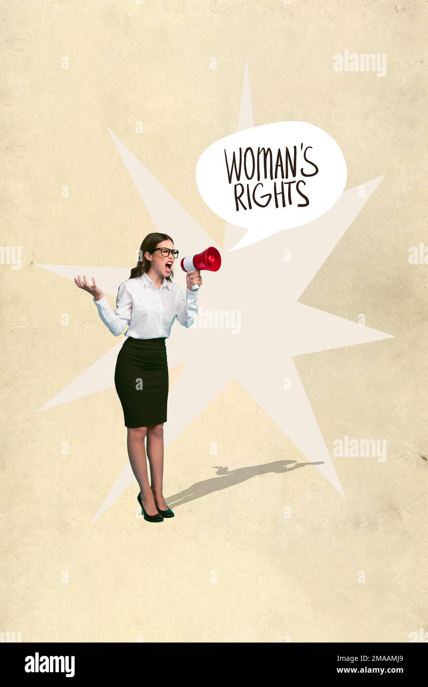 Placard billboard magazine poster advert of businesswoman shouting loud ...