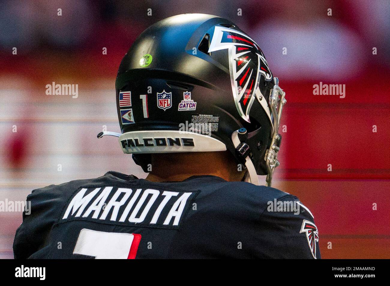 Atlanta Falcons quarterback Marcus Mariota (1) wears an international ...