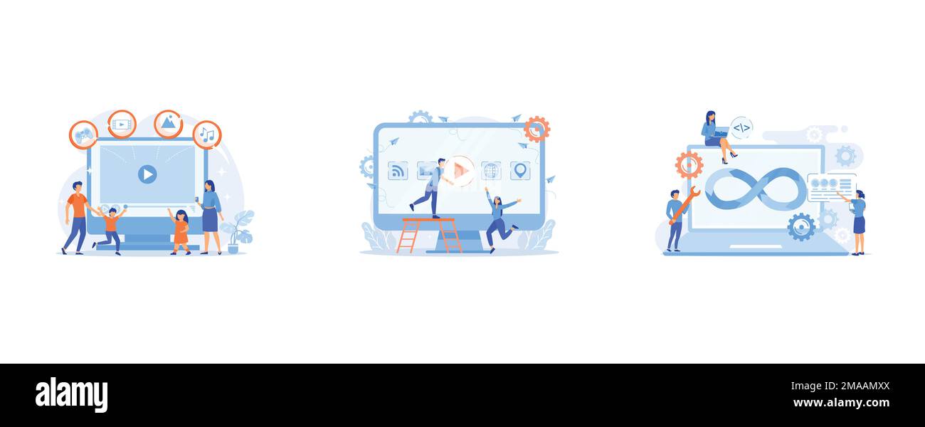 Tiny people family with kids watching smart television content, Pinkish coral, Programmers ...