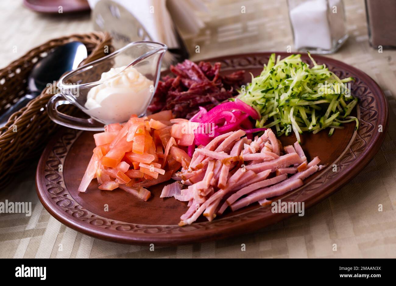 traditional Belarusian salad of vegetables and bacon. salad Paparats ...