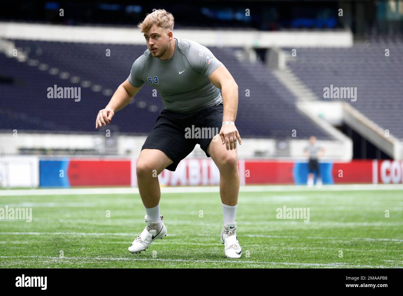 Offensive lineman Leander Wiegand, of Germany, participates in a drill ...
