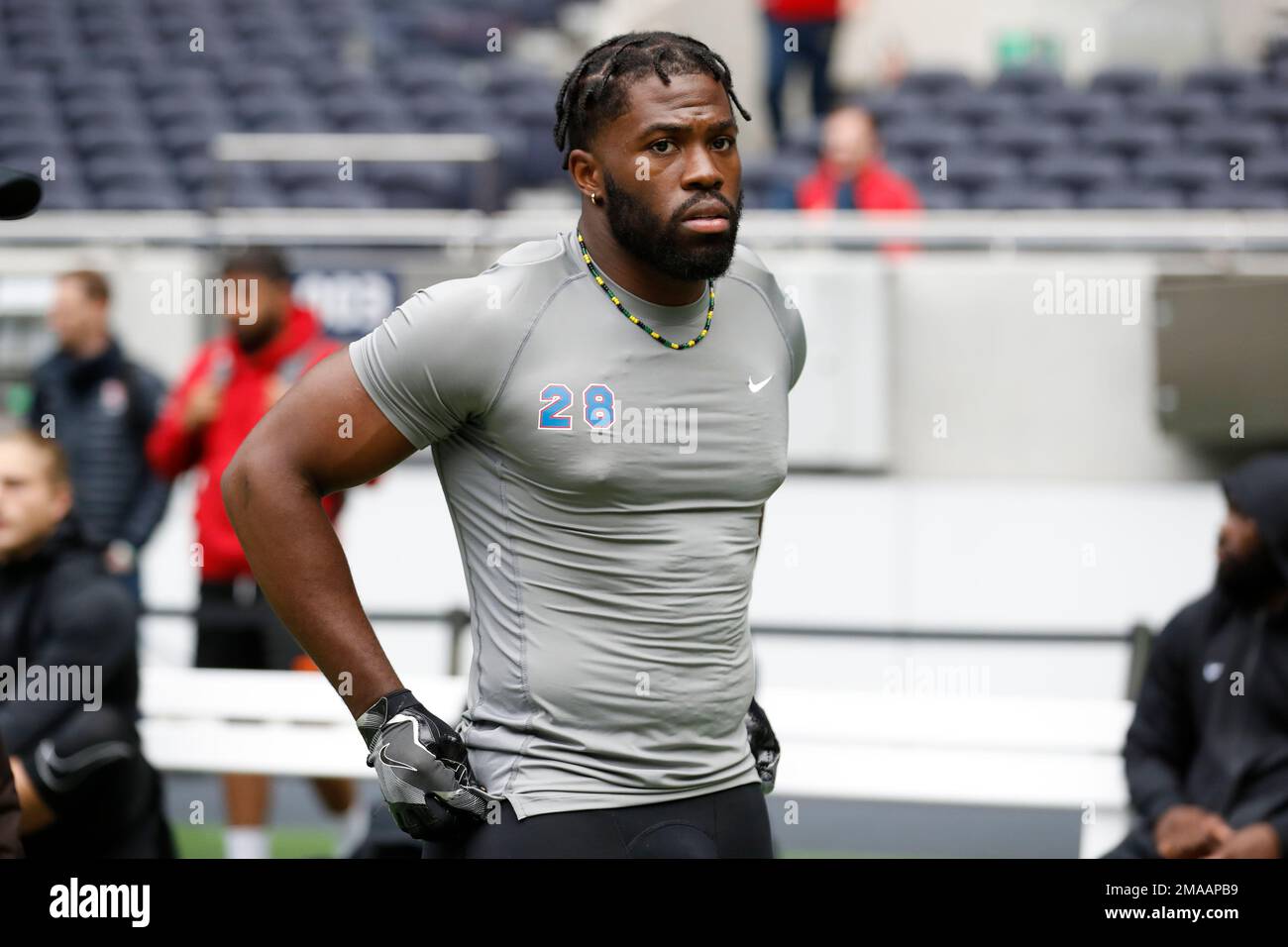 Linebacker Jai Jackson, of the United Kingdom, looks on at the NFL international scouting ...