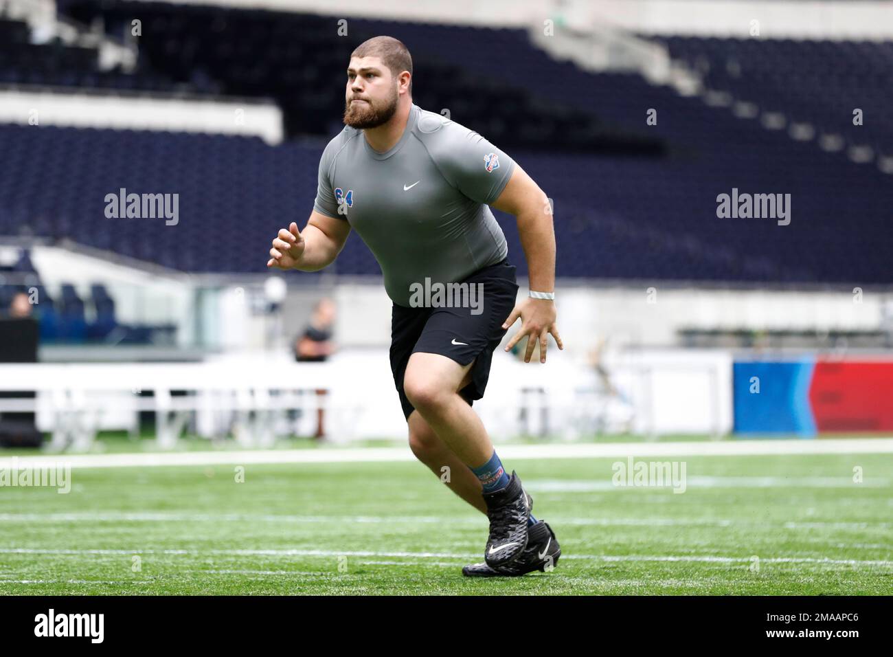 Offensive lineman Marlon Werthmann, of Germany, participates in a drill ...