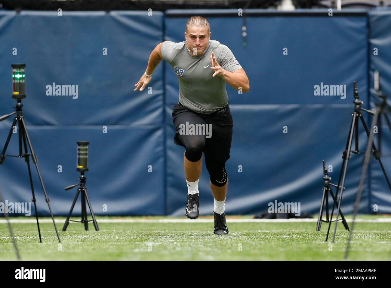 Linebacker Alejandro Fernandez, of Spain, runs the 40-yard dash at the ...
