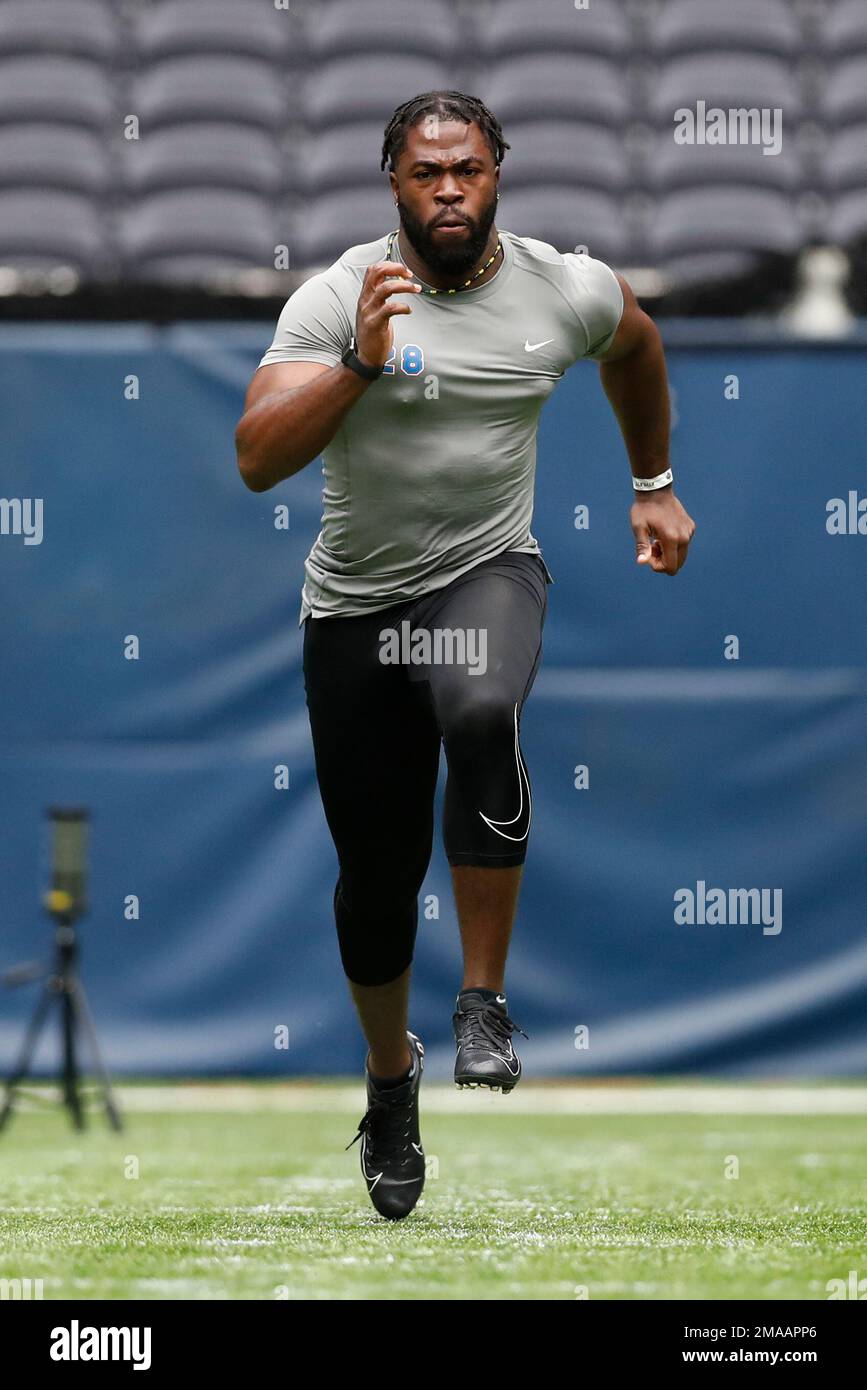 Linebacker Jai Jackson, of the United Kingdom, runs the 40-yard dash at the NFL international ...