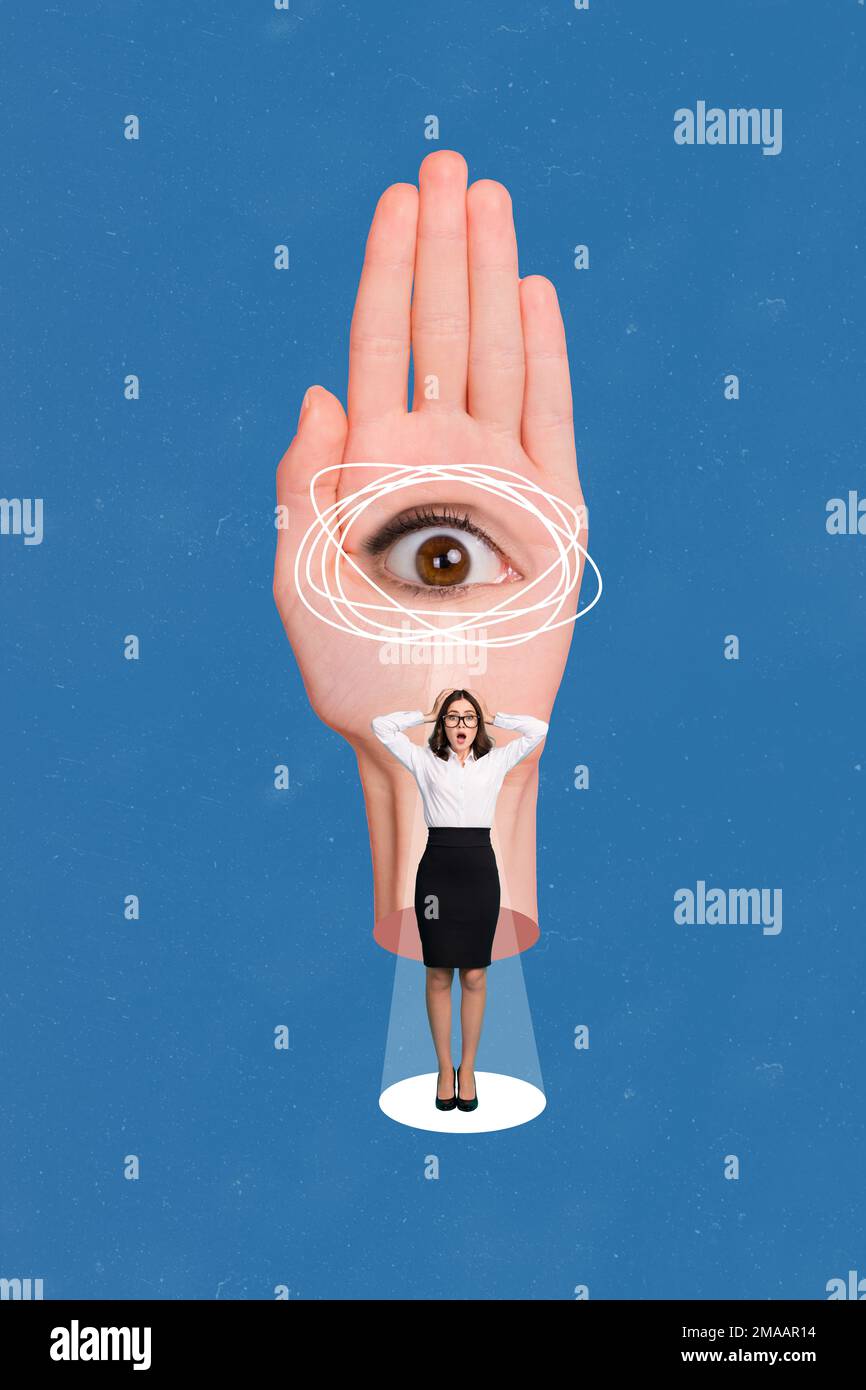 Creative strange poster collage of scared business lady in spotlight ...