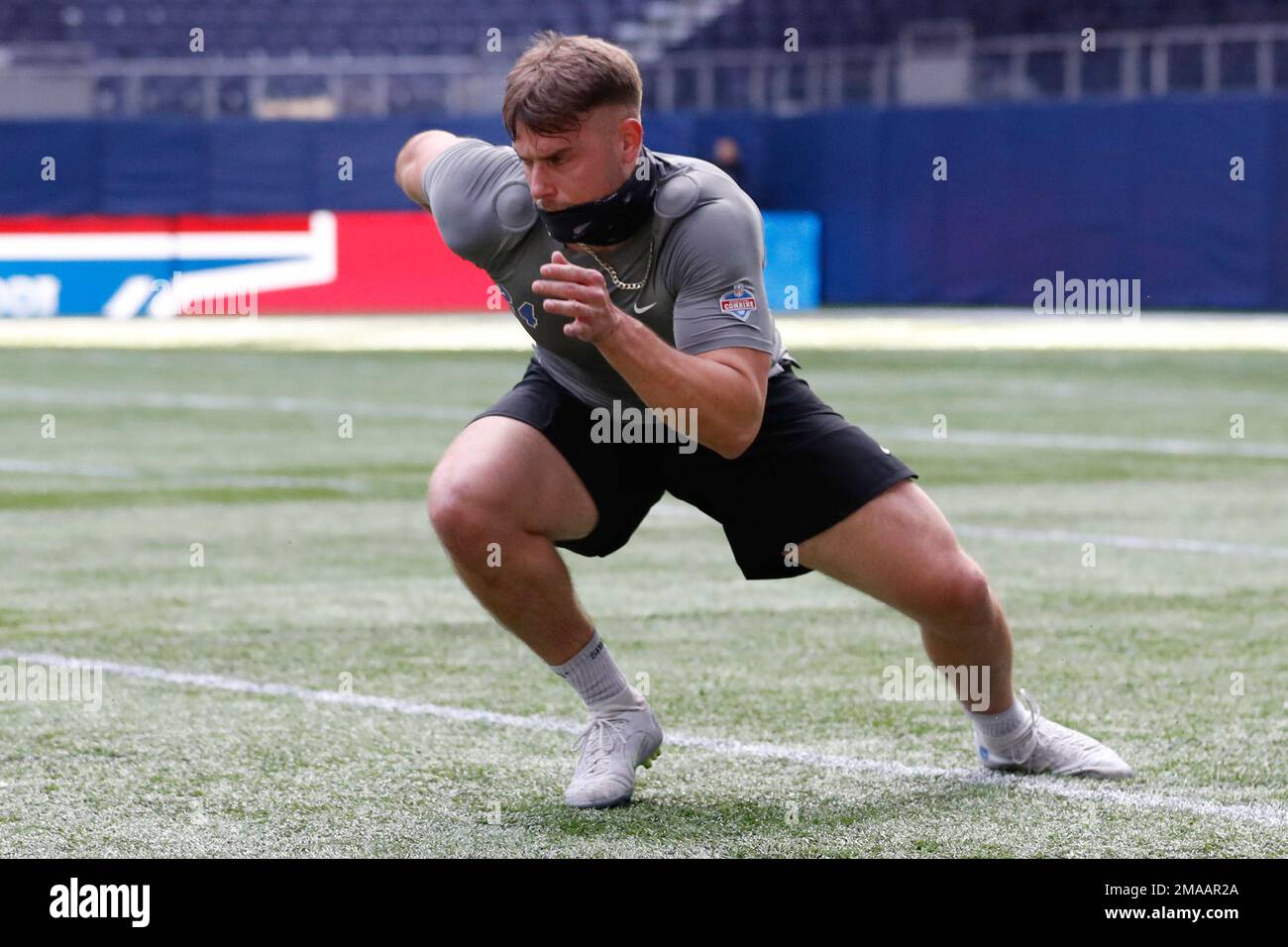 Linebacker Lino Schroeter, of Germany, participates in a drill at the ...