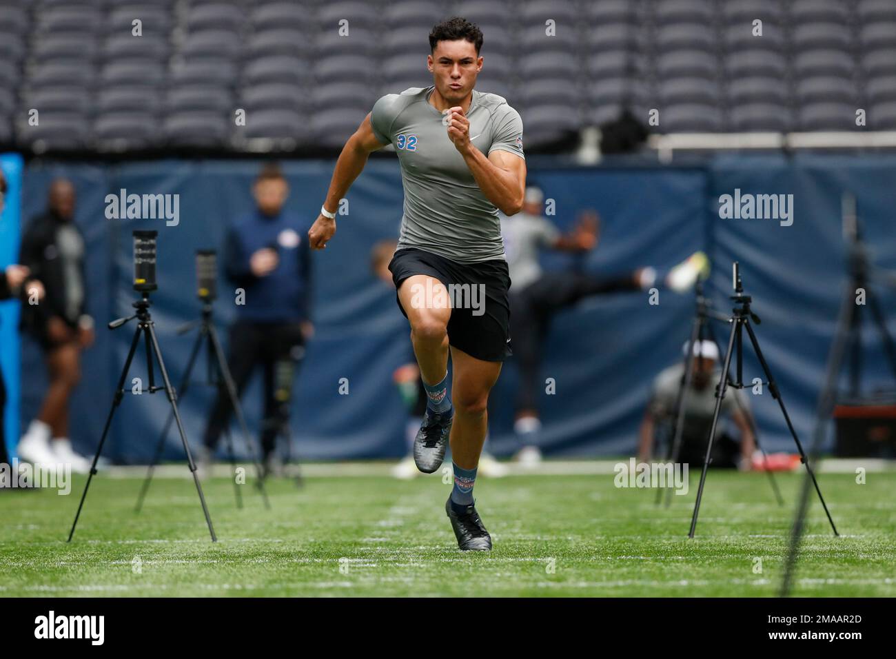 Tight end Patrick Murtagh, of Australia, runs the 40-yard dash at the NFL international scouting ...
