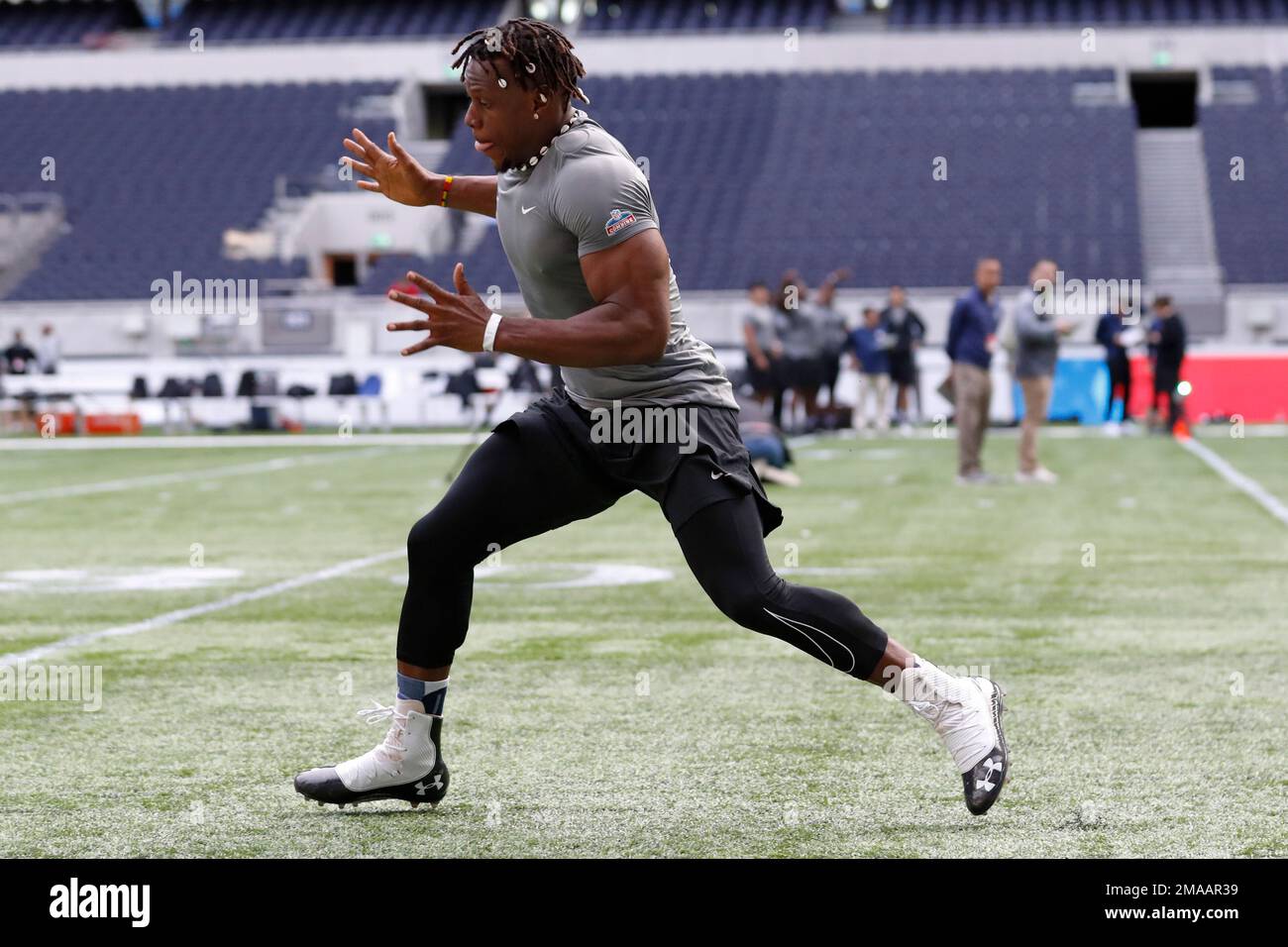 Linebacker Ifeanyi Augustine Nwoye, of Nigeria, participates in a drill ...