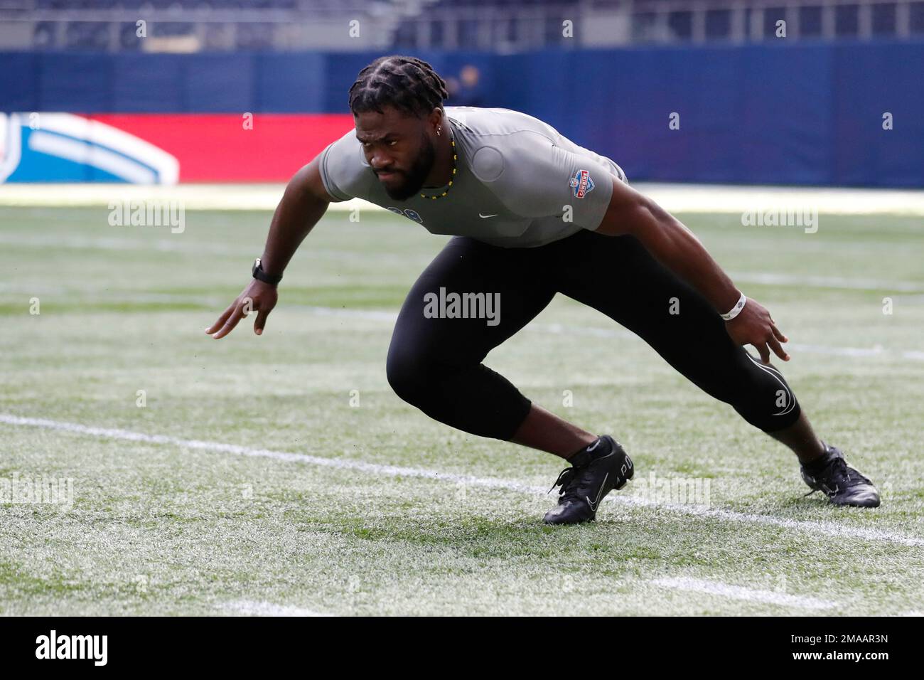 Linebacker Jai Jackson, of the United Kingdom, participates in a drill ...