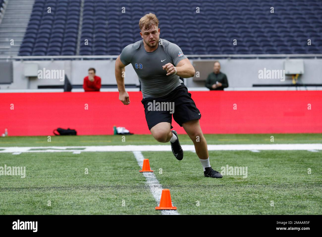 Offensive lineman Leander Wiegand, of Germany, participates in a drill ...