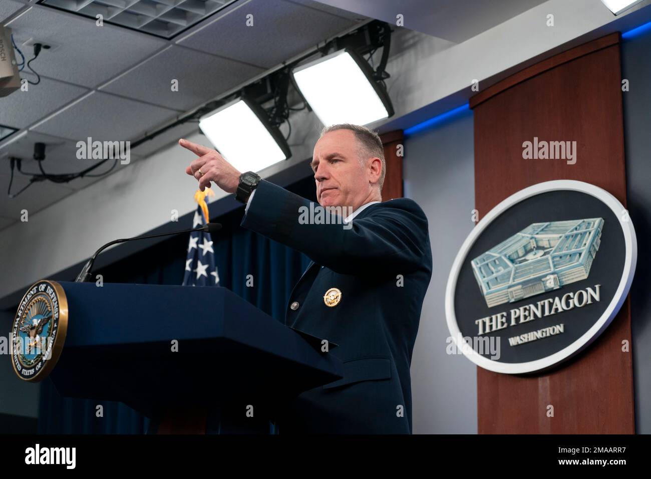 Pentagon spokesman U.S. Air Force Brig. Gen. Patrick Ryder points to a ...