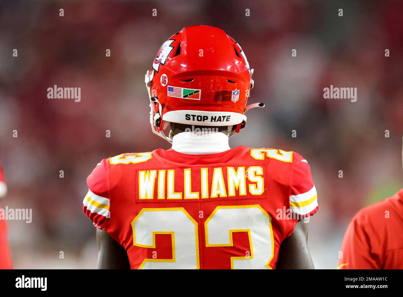 A flag decal is seen on the helmet of Kansas City Chiefs cornerback ...