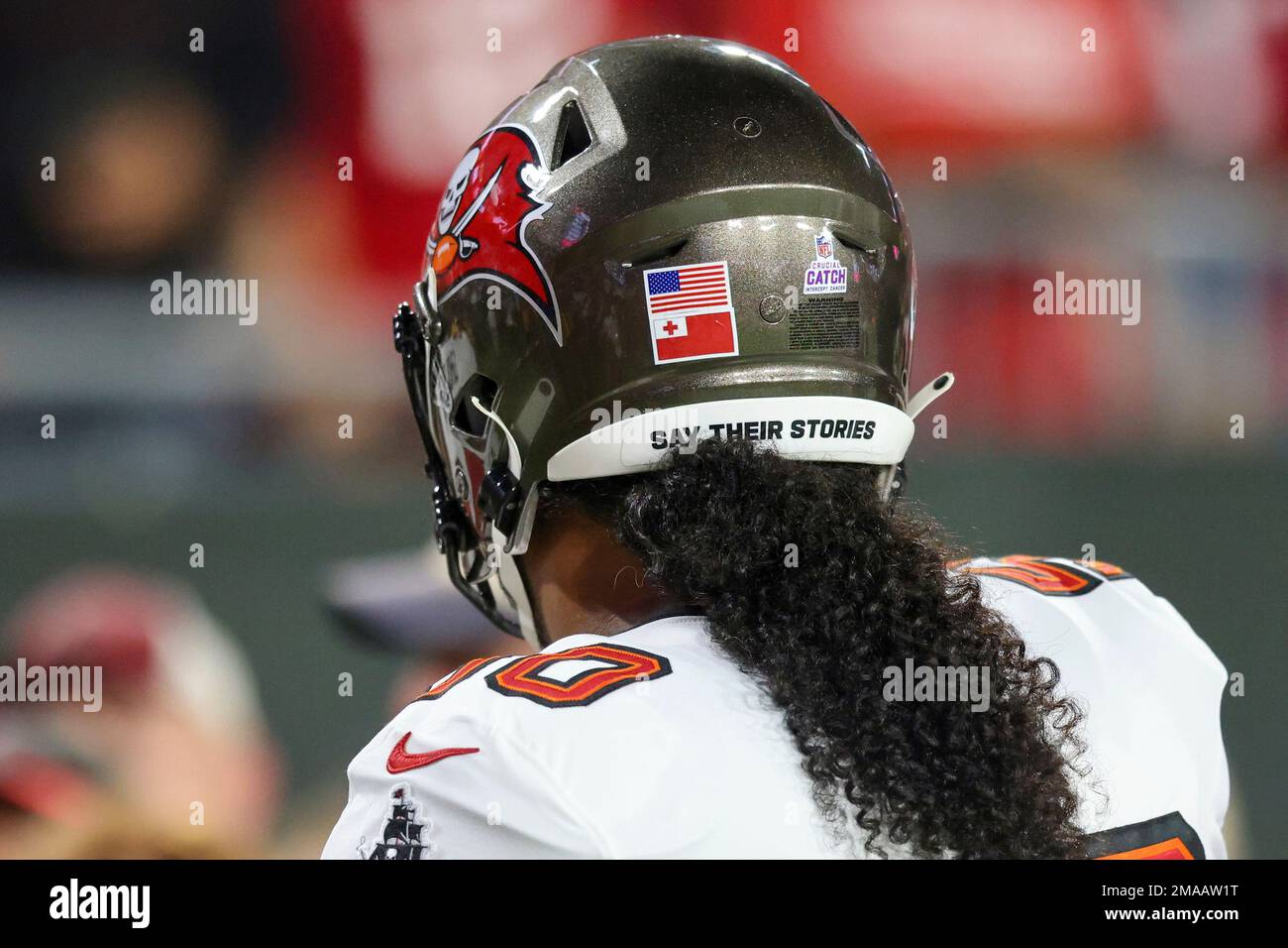 A flag decal is seen on the helmet of Tampa Bay Buccaneers defensive ...