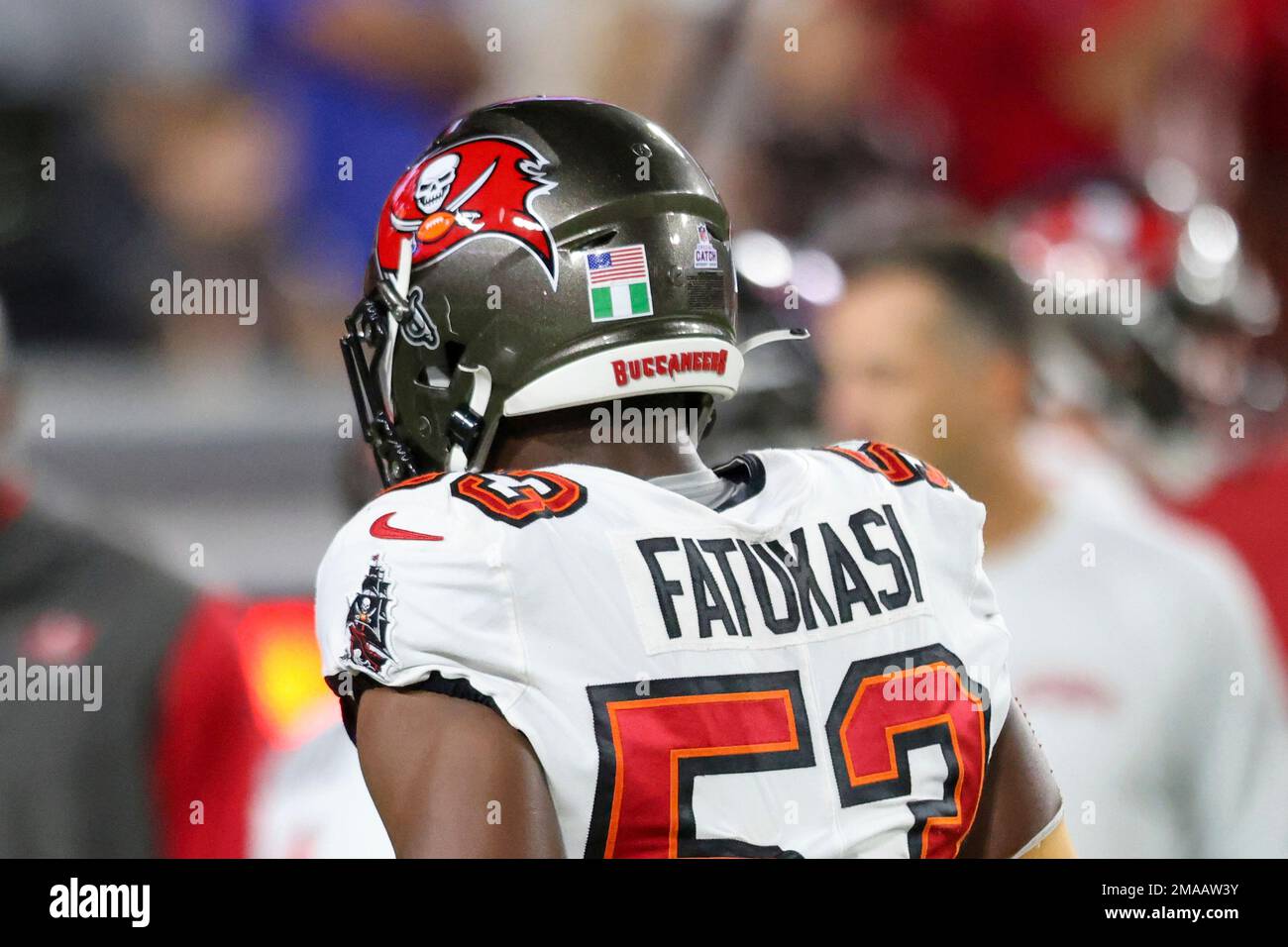 A flag decal is seen on the helmet of Tampa Bay Buccaneers linebacker ...