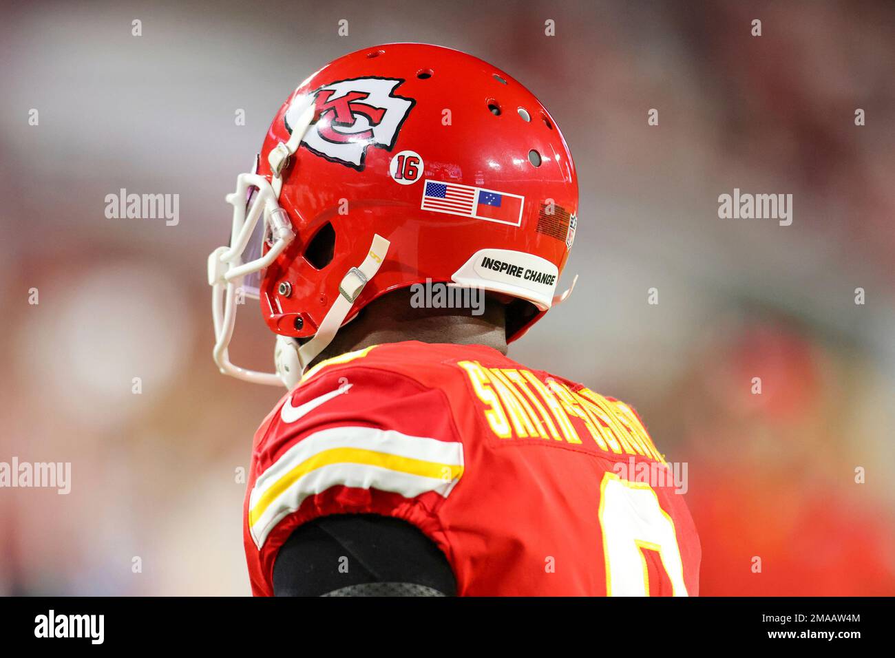 A flag decal is seen on the helmet of Kansas City Chiefs wide receiver ...