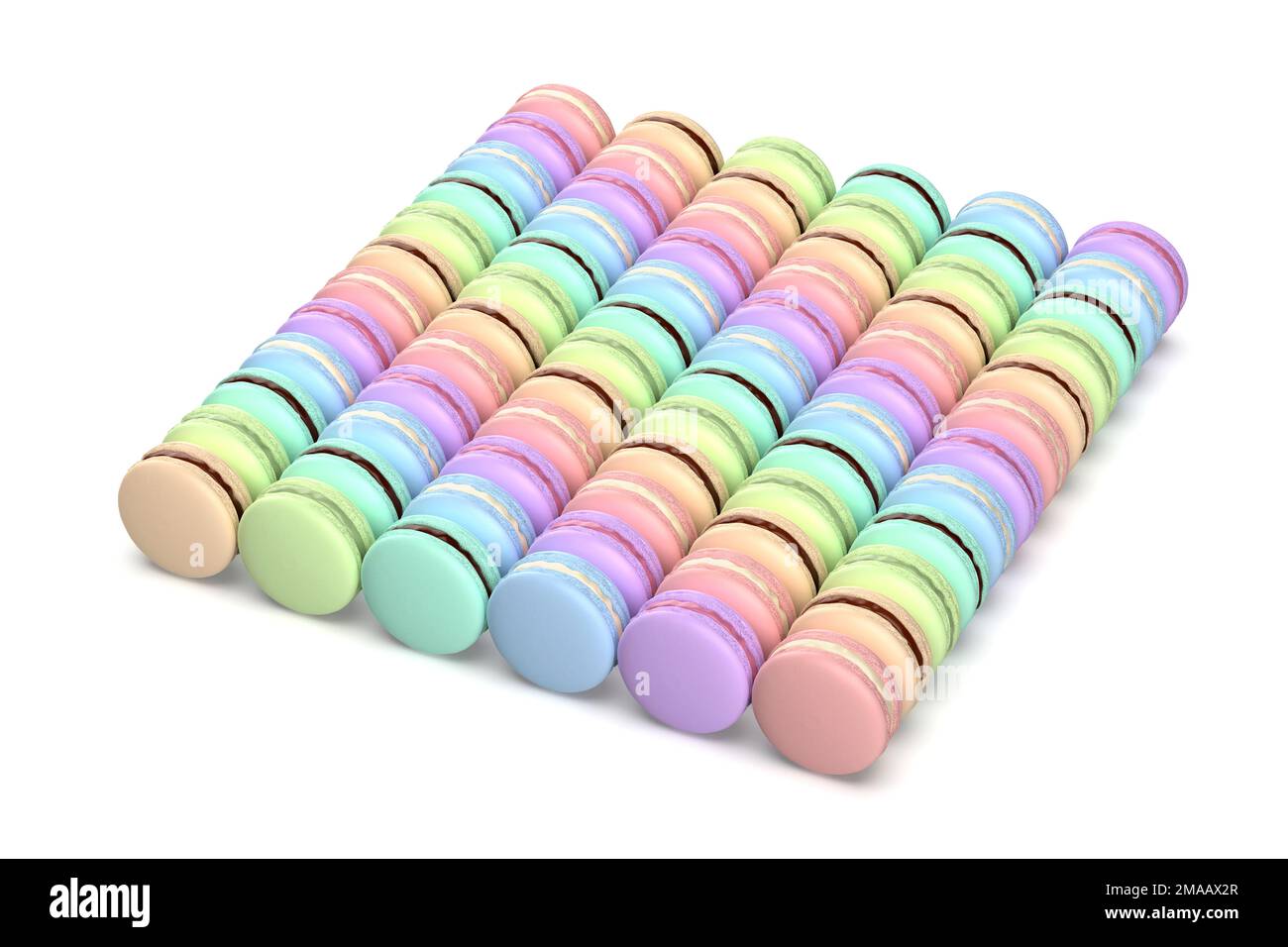 Many rows with colorful french macarons on white background Stock Photo ...