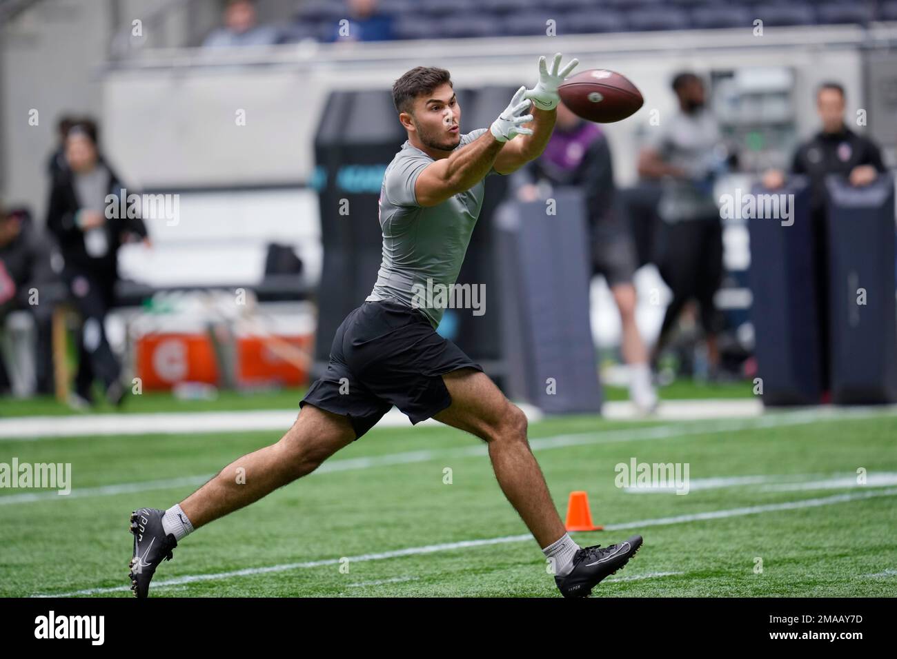 Linebacker Flamur Simon, of Germany, takes part in the NFL ...