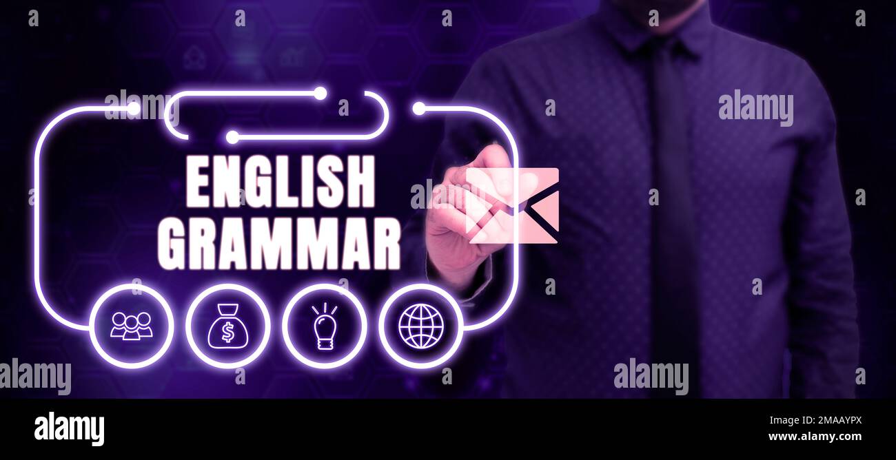 Hand writing sign English Grammar. Word for courses cover all levels of ...