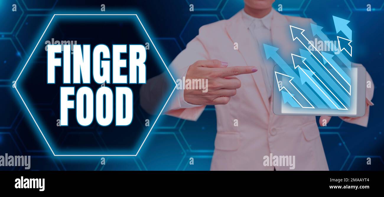 Hand writing sign Finger Food. Business concept products and digestives ...
