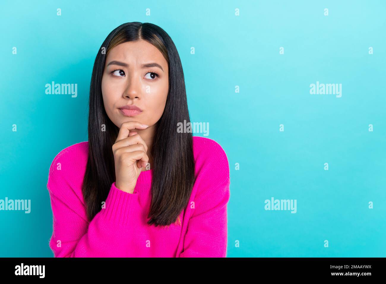 Photo of minded lady wear stylish pink clothes hand chin look empty ...