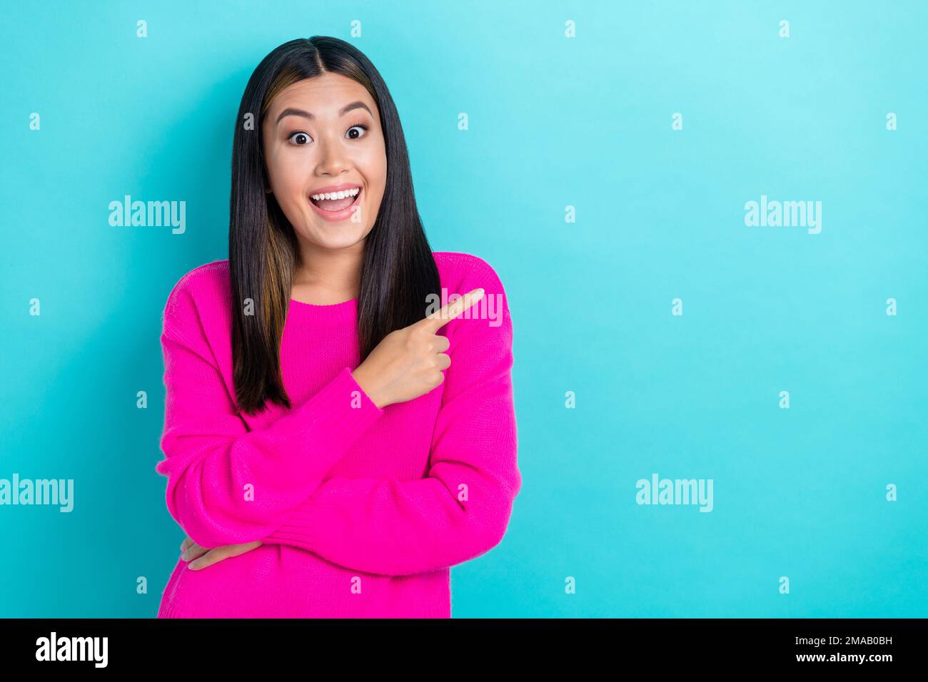 Photo of young funny positive charming brunette hair lady wear pink ...