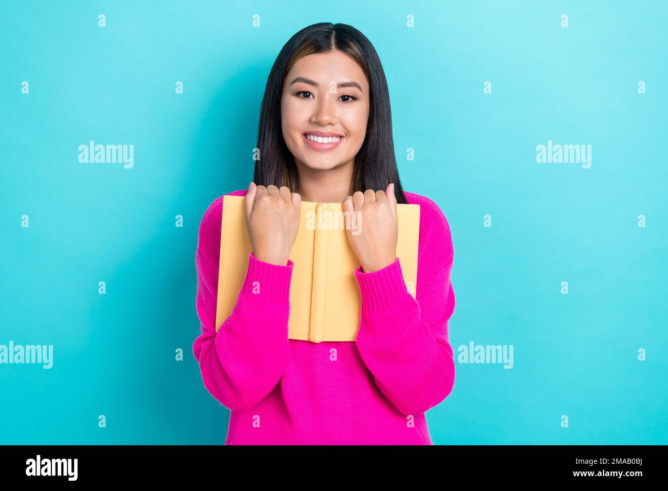 Photo of adorable pretty lovely lady wear trendy clothes hold favorite ...