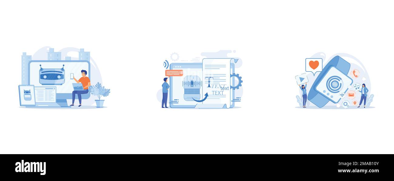 User with computer, laptop and tablet screens with chatbot and digital habits, Speech-to-text ...