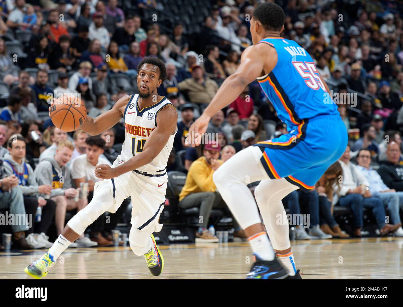 Denver Nuggets guard Ish Smith, left, drives to the basket as Oklahoma ...